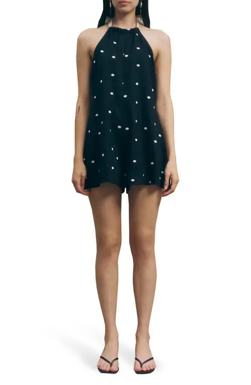 MAUDE CLUB Polka Dot Halter Neck Romper - Black Sand