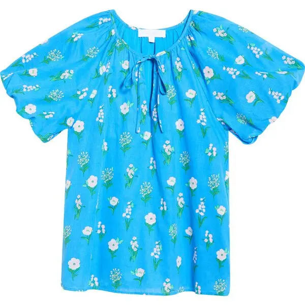 SUGARLIPS Jazleen Floral Print Puff Sleeve Top - Blue White Green