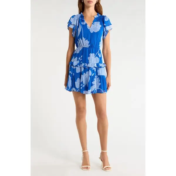 SUGARLIPS Floral Print Ruffle Dress - Cobalt-blue