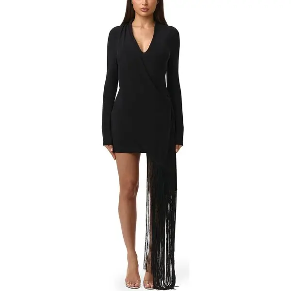 Naked Wardrobe Slinky Fringe Detail Long Sleeve Minidress - Black