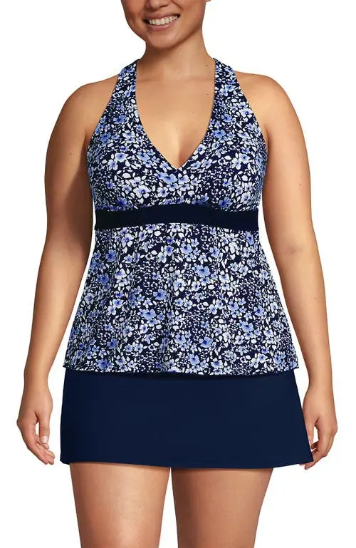 LANDS' END V-neck Racerback Flutter Tankini - Navy Meadow Floral