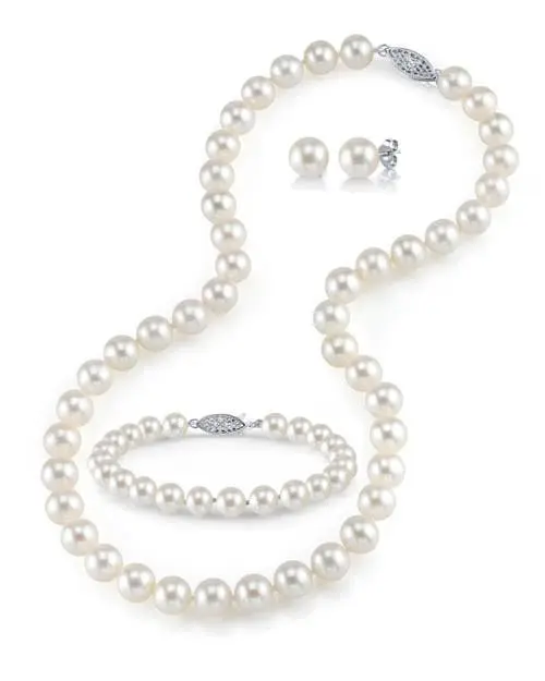 THE PEARL SOURCE Freshwater Pearl Necklace, Bracelet, And Stud Earrings Set - White Pearl