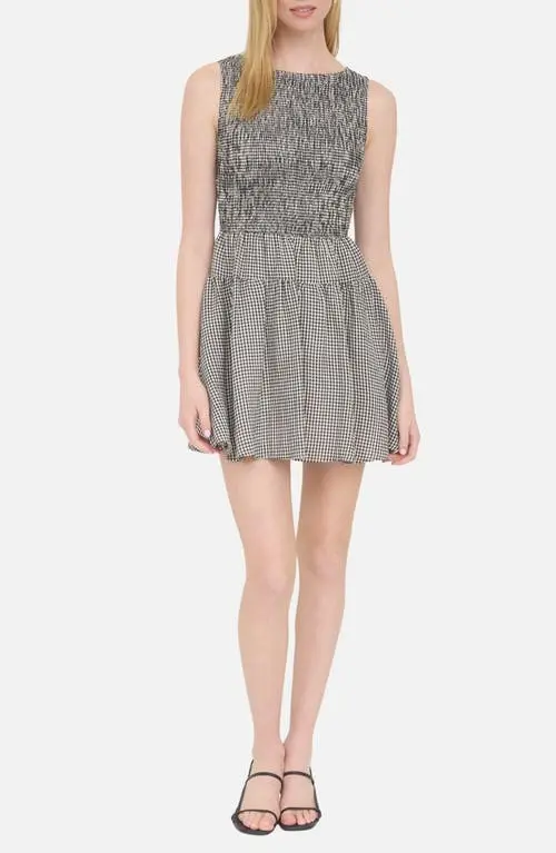 BLU PEPPER Smocked Gingham Sleeveless Mini Dress - Black