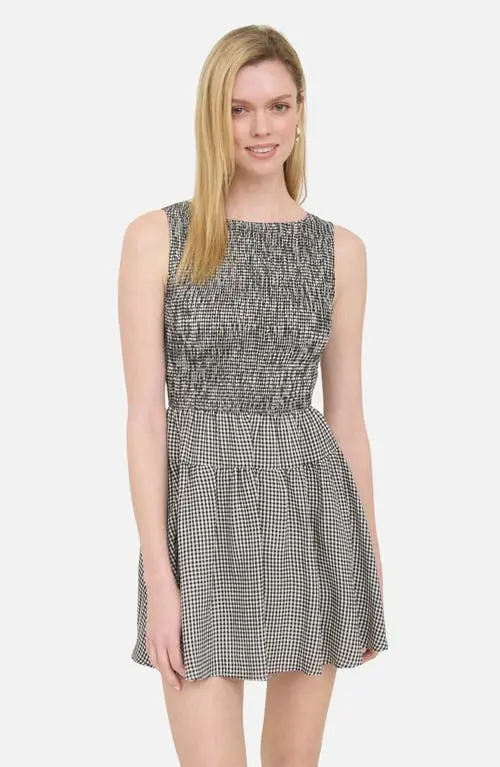 BLU PEPPER Smocked Gingham Sleeveless Mini Dress - Black