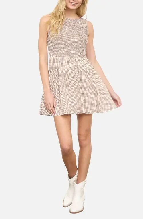 BLU PEPPER Smocked Gingham Sleeveless Mini Dress - Brown