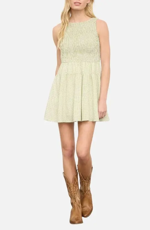 BLU PEPPER Smocked Gingham Sleeveless Mini Dress - Light Olive
