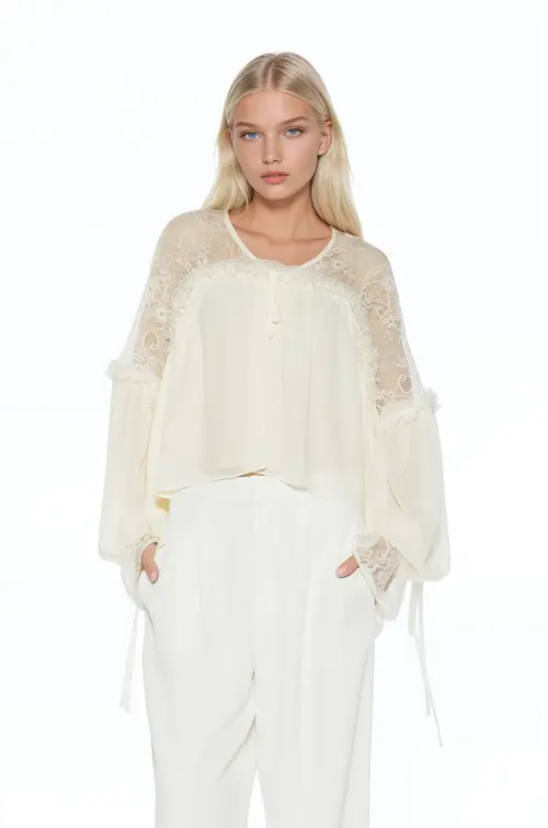 ALEXIA ADMOR Indigo Lace Cotton Blouse - Ivory