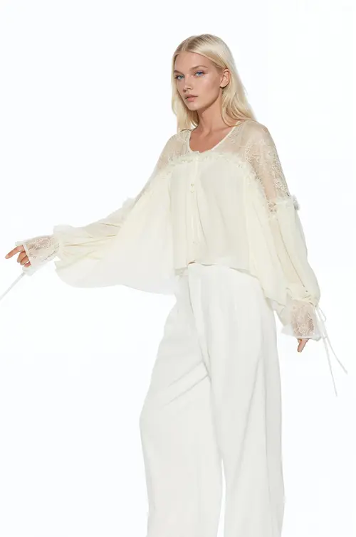 ALEXIA ADMOR Indigo Lace Cotton Blouse - Ivory