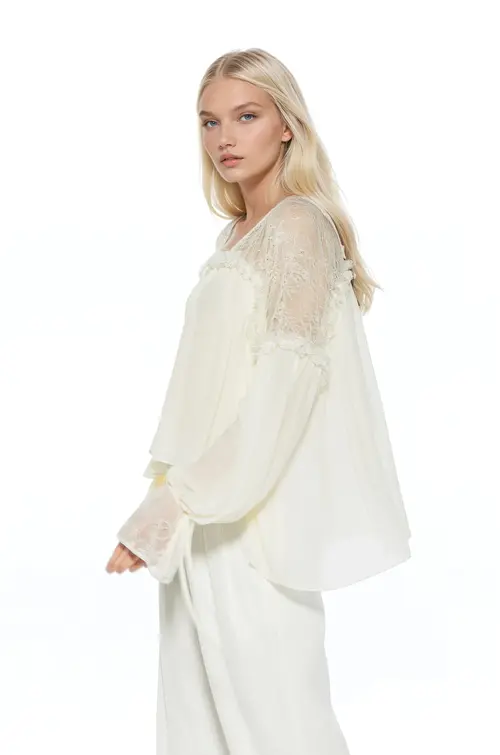 ALEXIA ADMOR Indigo Lace Cotton Blouse - Ivory