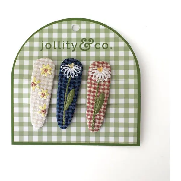 JOLLITY & CO Embroidered Floral Hair Clips Set - Gingham