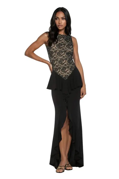ALEXIA ADMOR Perrin Boatneck Ruffle Gown - Black