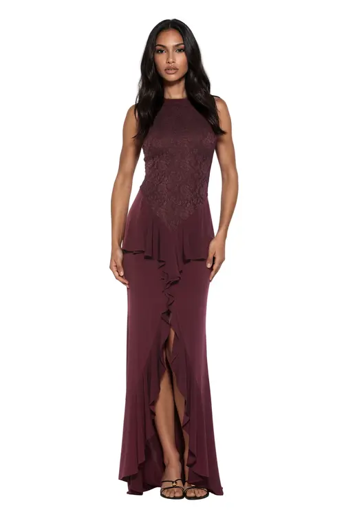 ALEXIA ADMOR Perrin Boatneck Ruffle Gown - Burgundy