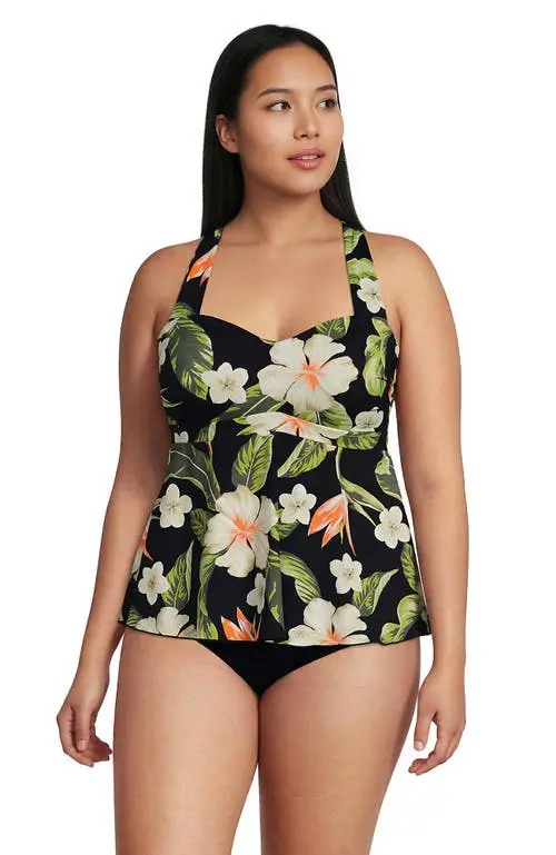 LANDS' END Sweetheart Fauxkini One-piece Swimsuit - Hibiscus Floral/black
