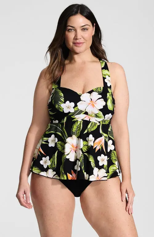 LANDS' END Sweetheart Fauxkini One-piece Swimsuit - Hibiscus Floral/black