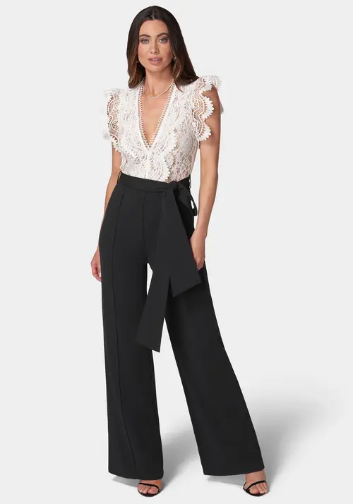 Bebe Ruffle Lace Jumpsuit - White/black
