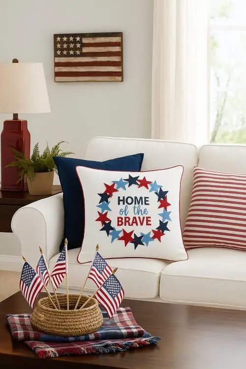 C&F HOME Patriotic "home Of The Brave" Wreath Pattern Applique Accent Throw Pillow