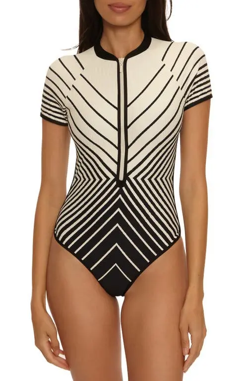 Trina Turk Net Stripe Short Sleeve Rib One-piece Rashguard - Black/vanilla