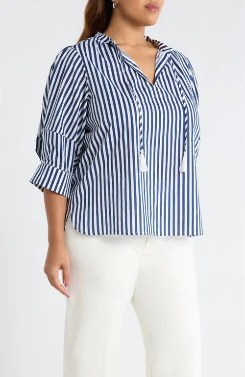 SUGARLIPS Striped Tie Split Neck Top With Voluminous Sleeves