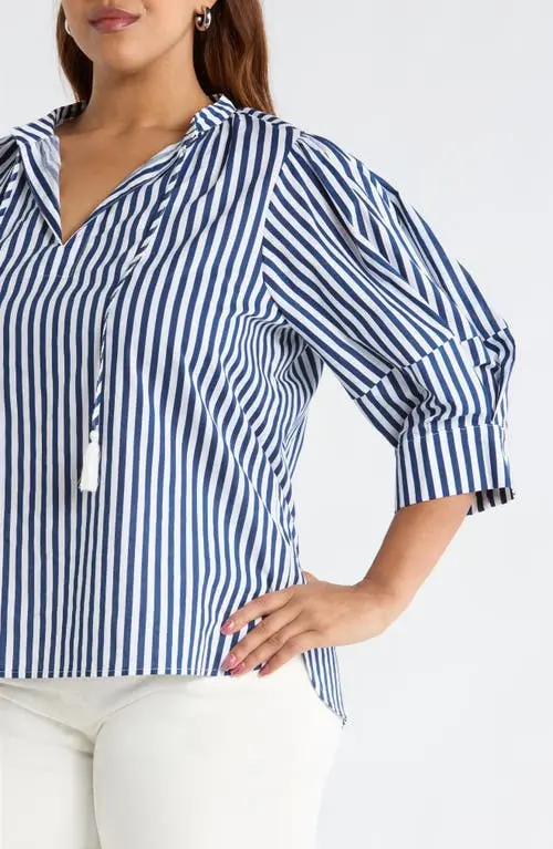SUGARLIPS Striped Tie Split Neck Top With Voluminous Sleeves