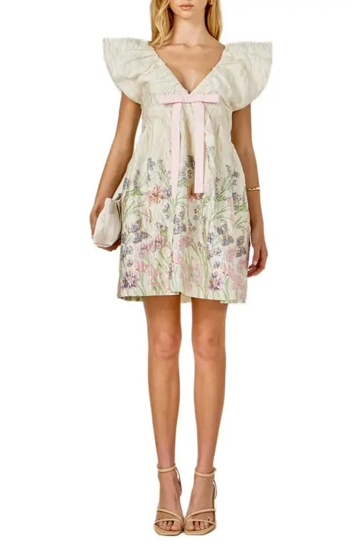 Endless Rose Metallic Floral Jacquard Minidress With Bow Detail - Cream Multi