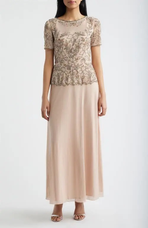Pisarro Nights Short Sleeve Beaded Floral Chiffon Gown