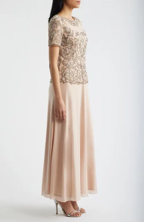 Pisarro Nights Short Sleeve Beaded Floral Chiffon Gown