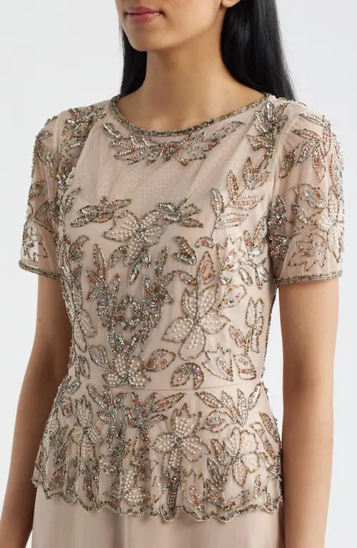 Pisarro Nights Short Sleeve Beaded Floral Chiffon Gown