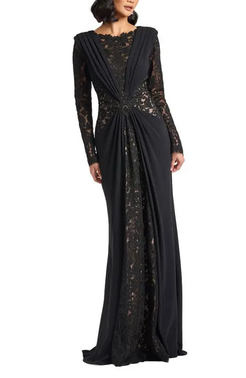 Tadashi Shoji Long Sleeve Lace And Crepe Gown