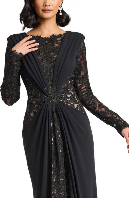 Tadashi Shoji Long Sleeve Lace And Crepe Gown