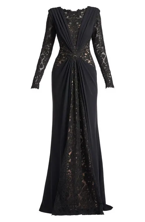 Tadashi Shoji Long Sleeve Lace And Crepe Gown