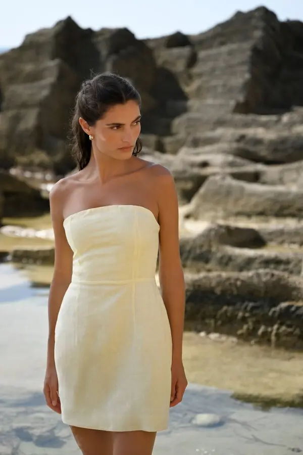 MandiBreeze Lili Dress Linen Mini Strapless Dress - Yellow