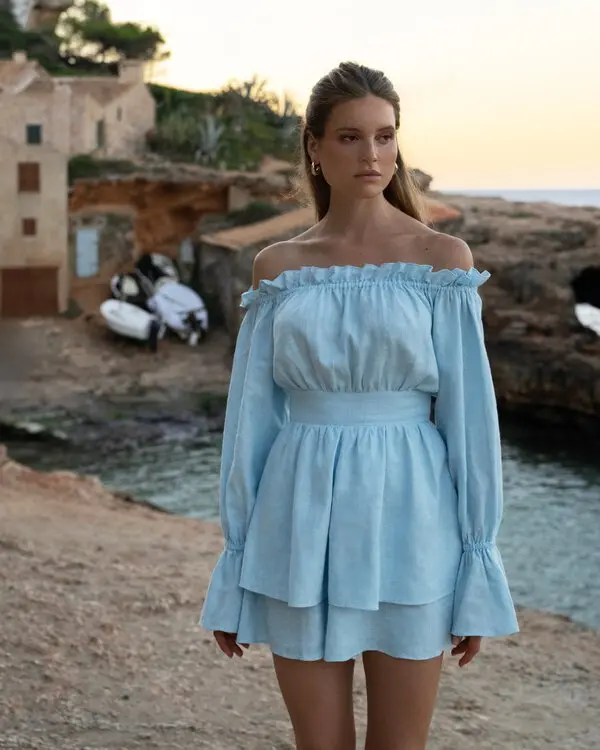 MandiBreeze Alexia Off-shoulder Tiered Linen Mini Dress - Blue