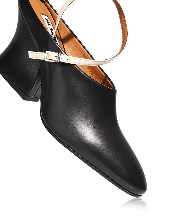 JIL SANDER Leather Mule Pumps With Ankle Strap And Block Heel