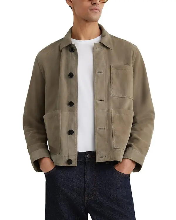REISS Danny Regular Fit Suede Worker Jacket - Soft Sage