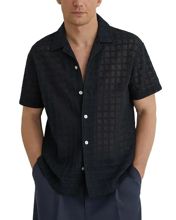 REISS Short Sleeve Crochet Tile Cuban Collar Shirt