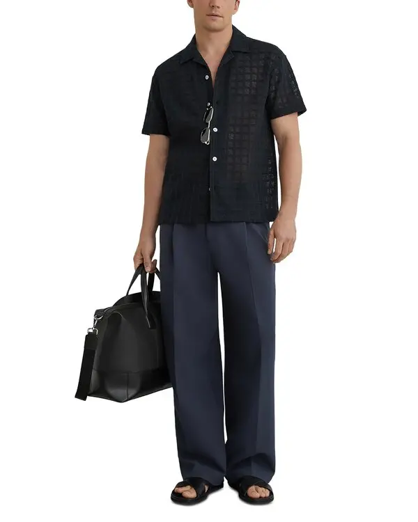 REISS Short Sleeve Crochet Tile Cuban Collar Shirt