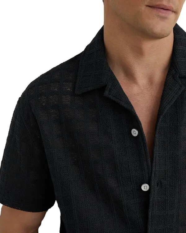 REISS Short Sleeve Crochet Tile Cuban Collar Shirt