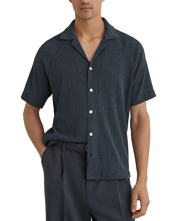 REISS Knox Short Sleeve Textured Raglan Shirt - Airforce Blue