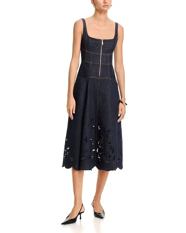 SELF-PORTRAIT Denim Bow Embroidered Midi Dress - Blue