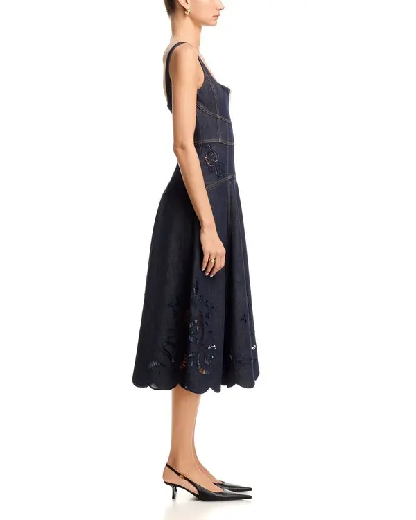 SELF-PORTRAIT Denim Bow Embroidered Midi Dress