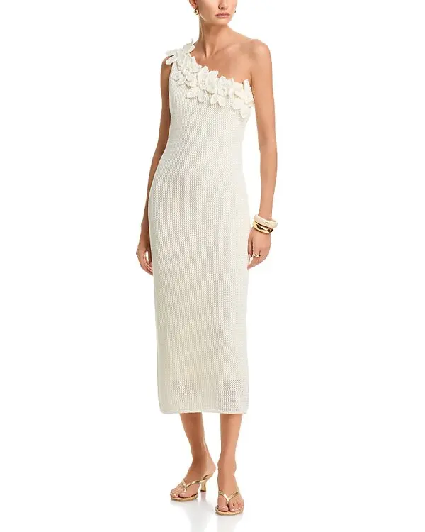 Aqua Crochet 3d Flower One-shoulder Midi Dress - Ivory