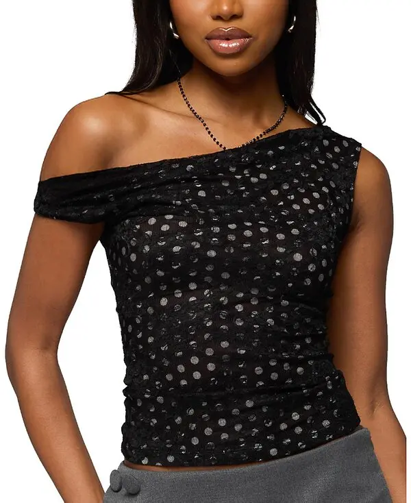EDIKTED Off-shoulder Polka Dot Lace Top
