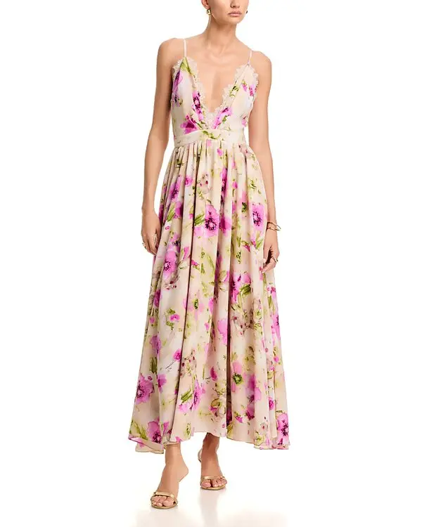 Aqua Floral Lace Trim Maxi Dress