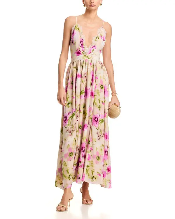 Aqua Floral Lace Trim Maxi Dress