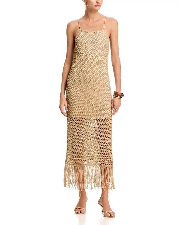 Aqua Shine Crochet Maxi Dress With Fringe Detail - Gold