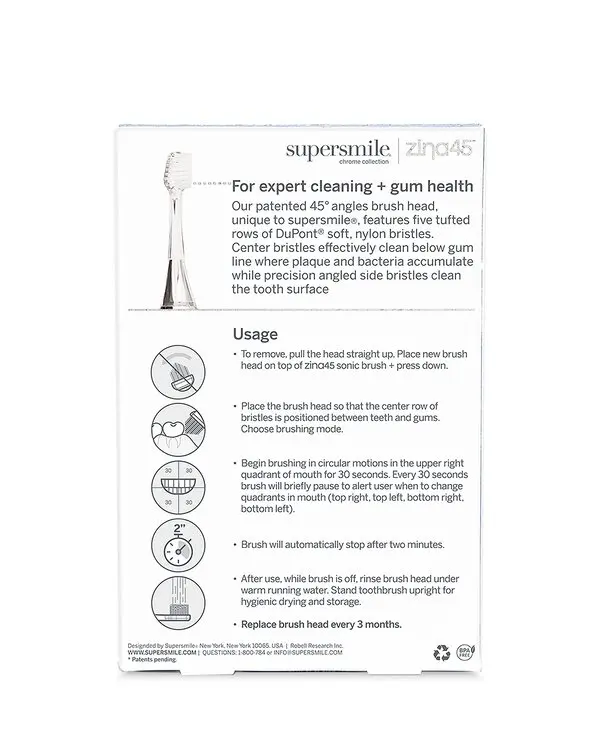 SUPERSMILE Zina45 Sonic Pulse Toothbrush Chrome Replacement Heads Set Of 2 - Silver