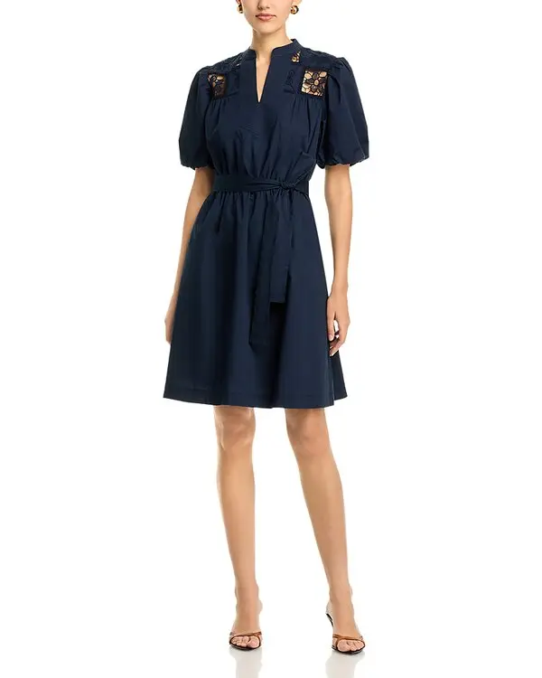 T Tahari Short Sleeve Lace Detail Mini Dress - Navy