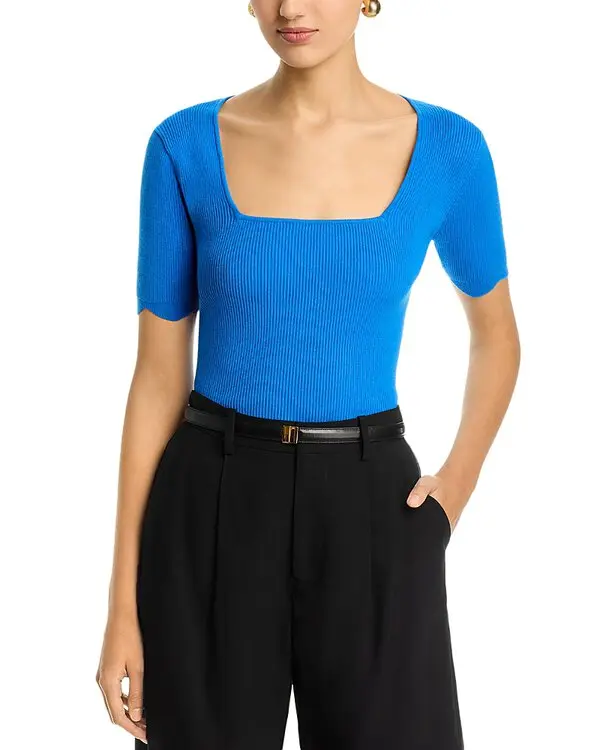 T Tahari Square Neck Scallop Edge Knit Top