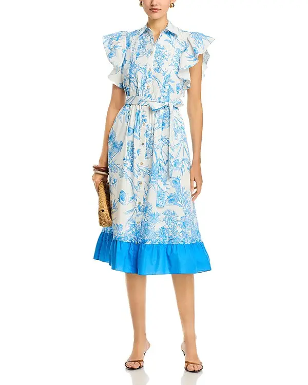 T Tahari Flutter Sleeve Printed Midi Dress - Spring Bloom