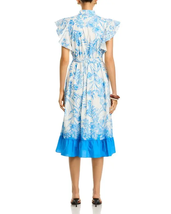 T Tahari Flutter Sleeve Floral Print Midi Dress